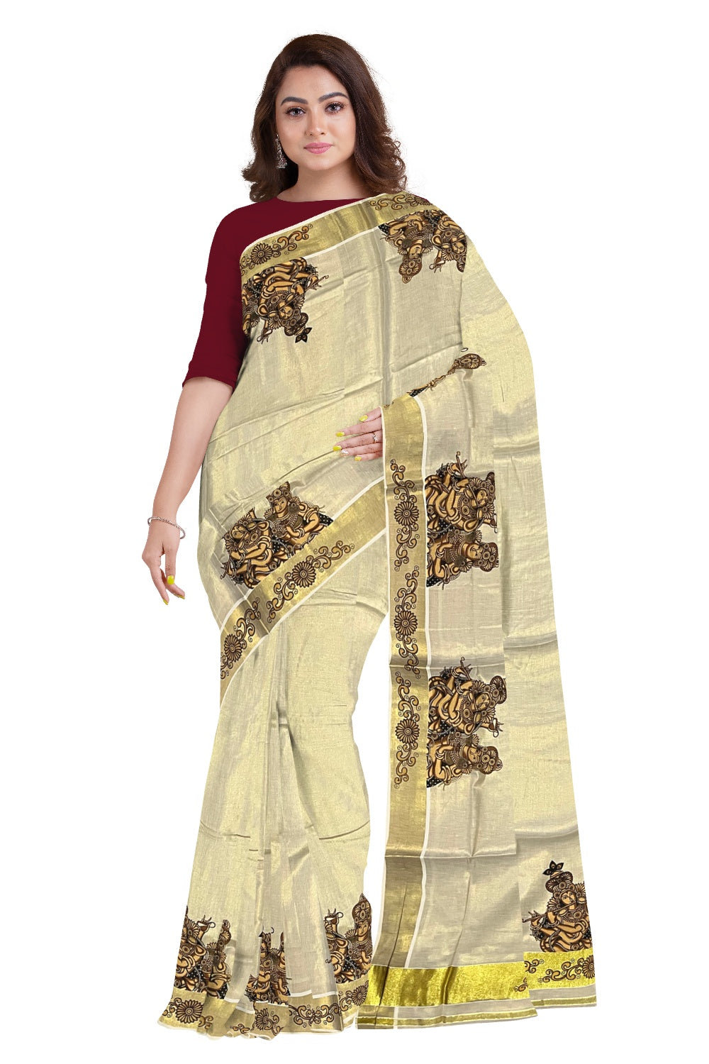 Kerala Tissue Kasavu Saree With Mural Krishna Radha Design and Printed ...