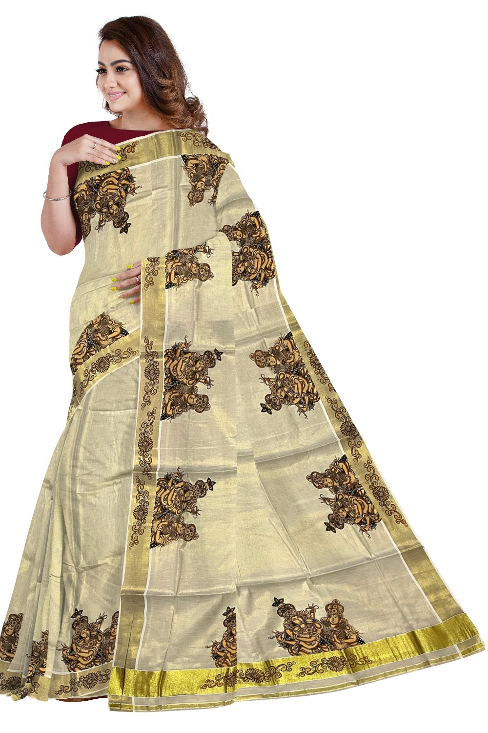 Kerala Tissue Kasavu Saree With Mural Krishna Radha Design and Printed ...