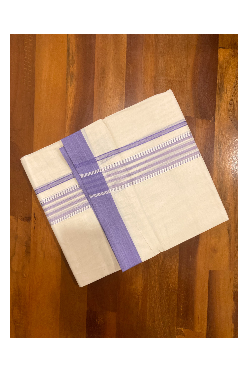 Off White Kerala Double Mundu with Violet Lines Border (South Indian K ...