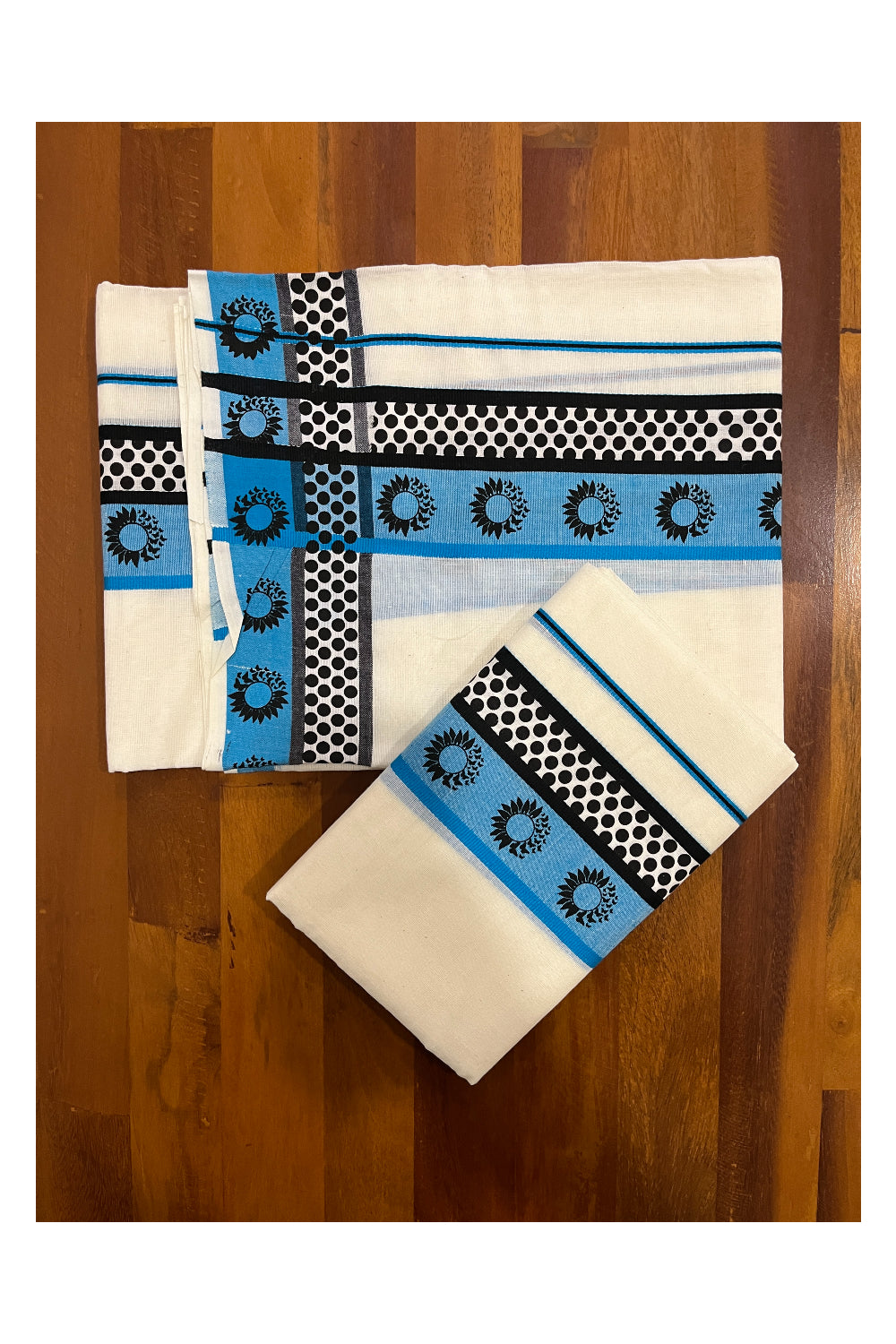 Kerala Cotton Single Set Mundu (Mundum Neriyathum) with Blue Black Blo ...