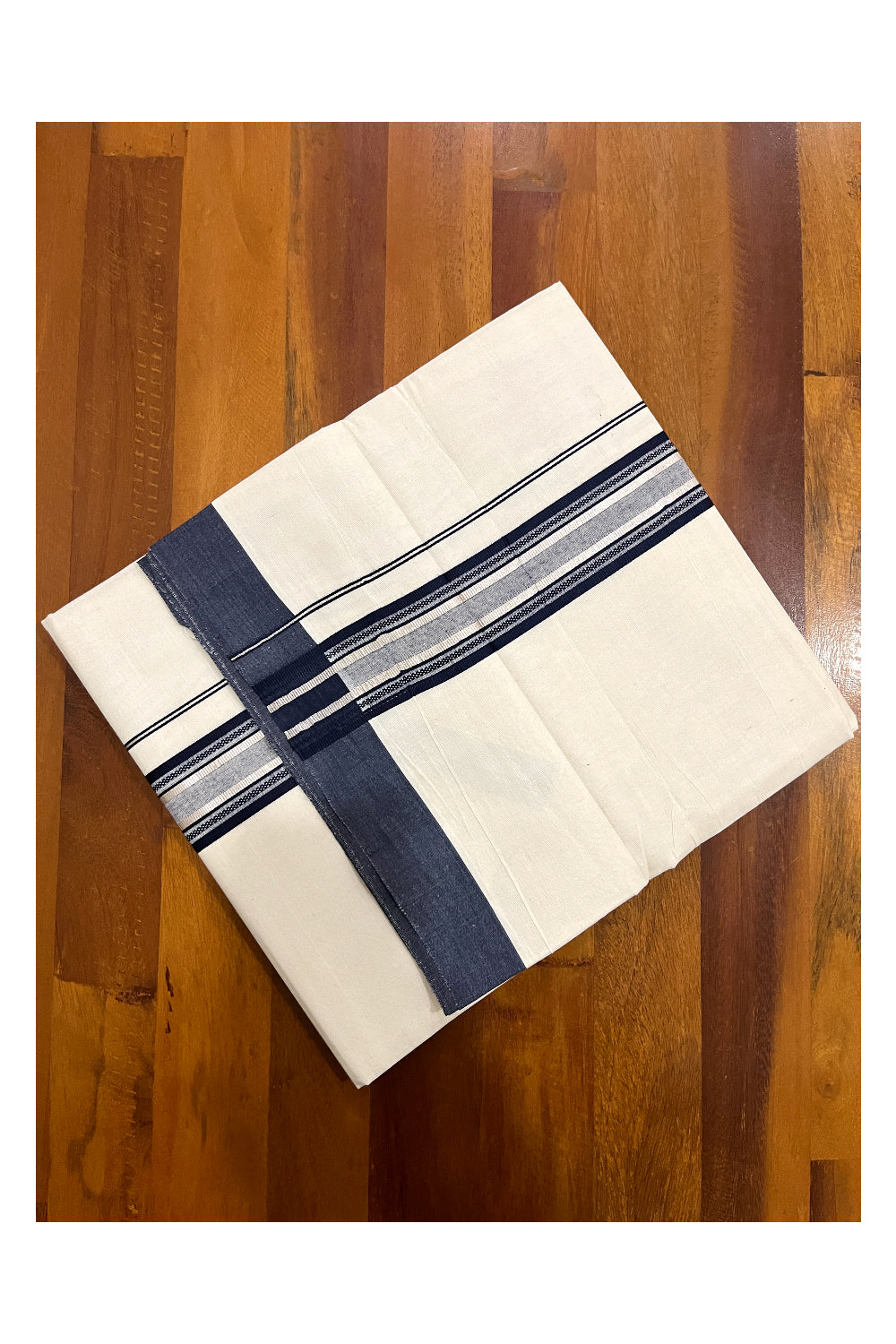 Pure Cotton Off White Double Mundu with Navy Blue and Silver Kara (Sou ...